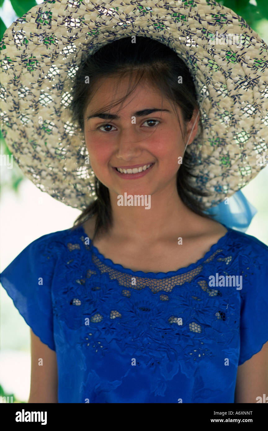 Portrait Of An Armenian Girl In Blue Dress And Straw Hat Armenia