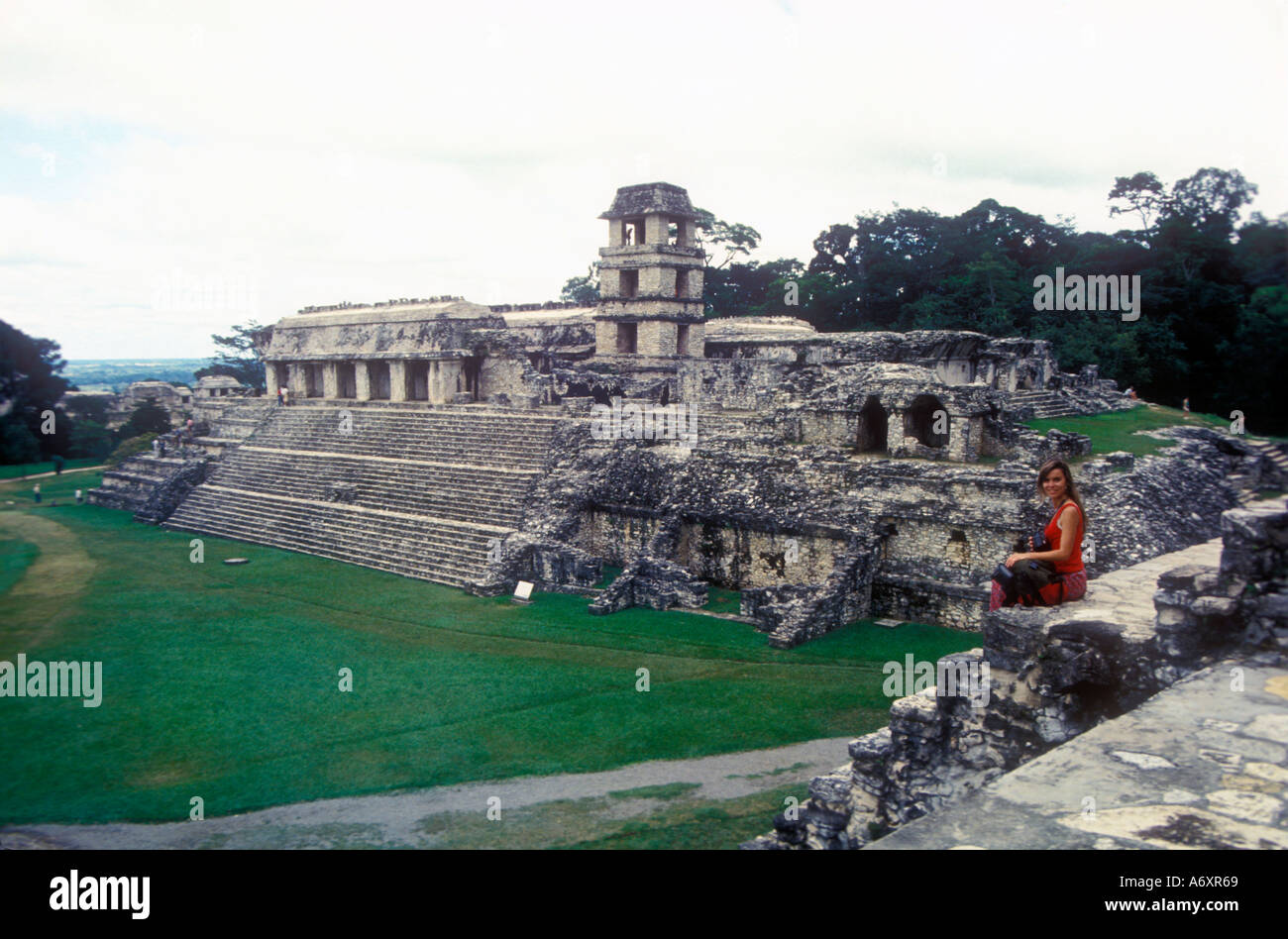 Young woman visiting Palenque Maya ruins at Palace Stock Photo - Alamy