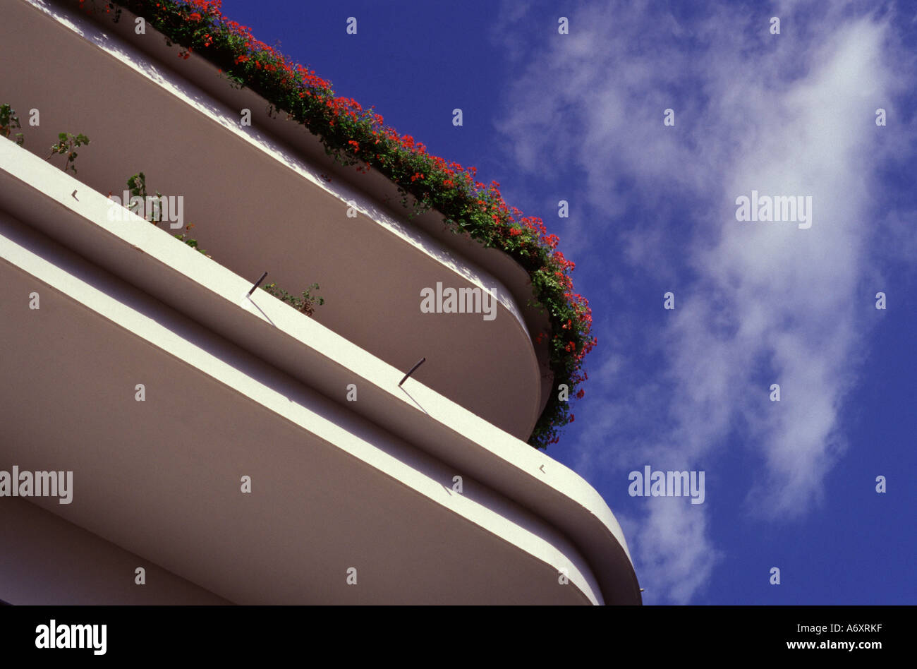 Geranium flowers blooming in a protruding streamline balcony of an old ...