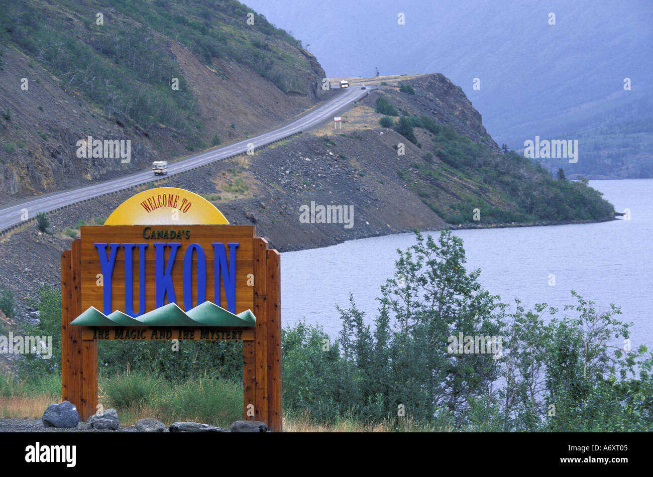 North America, Canada, Yukon. Welcome to Yukon sign along Klondike ...