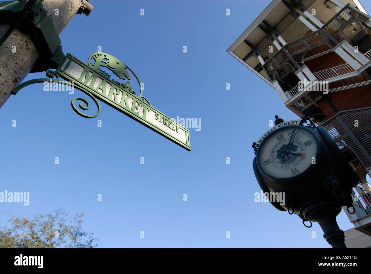 Market Street Sign and Town Clock in Celebration Florida near Kissimmee ...