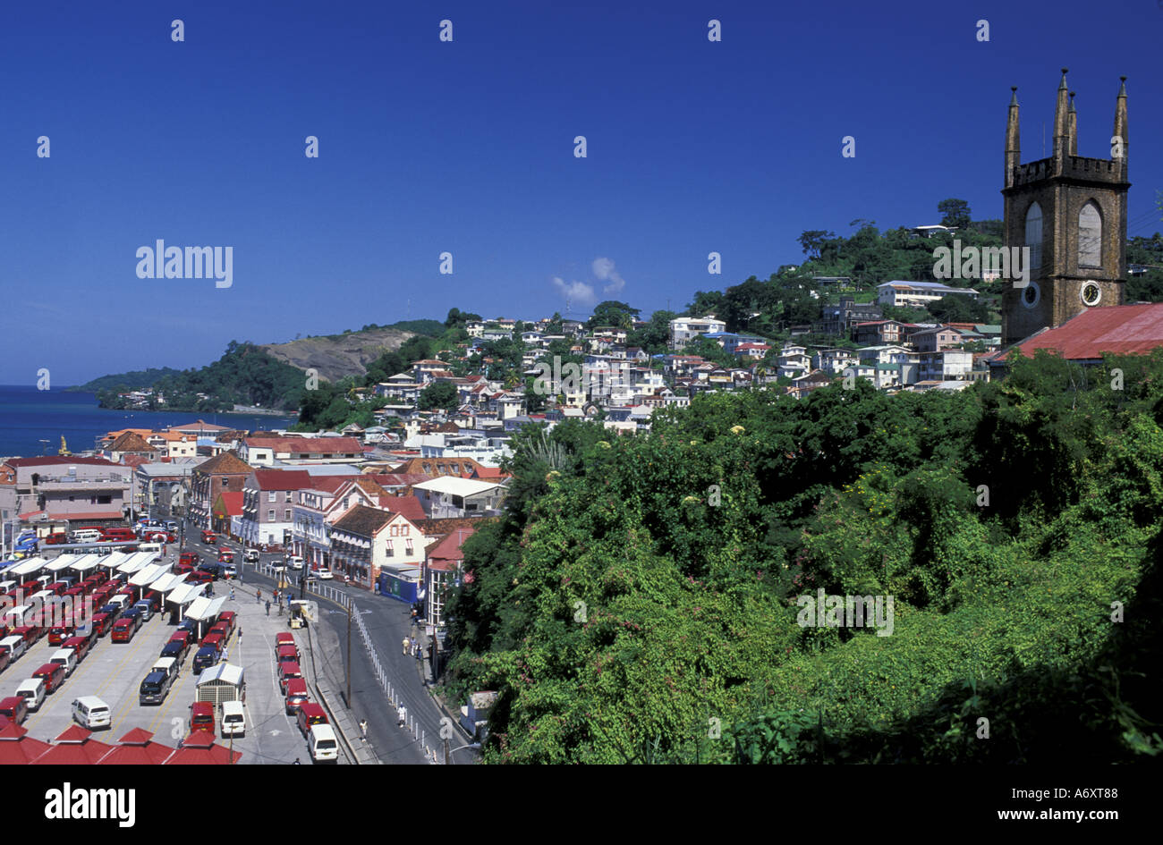Caribbean, Grenada, St. George. The Esplanade and bus station Stock ...