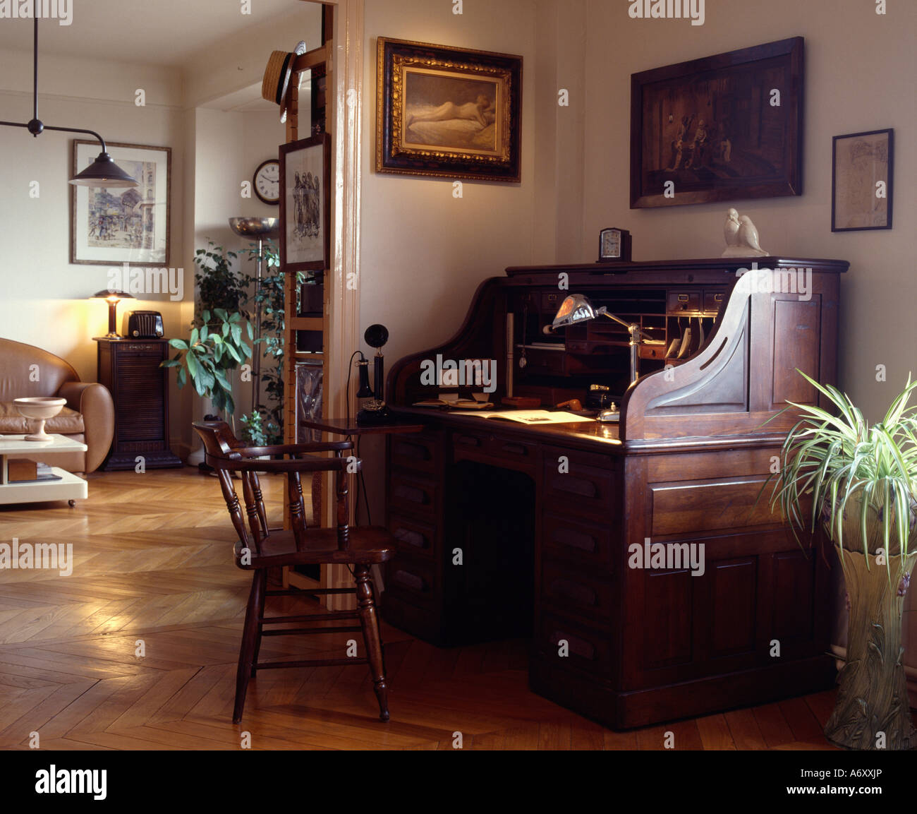 Antique desk in study corner of sittingroom with wood parquet floor ...