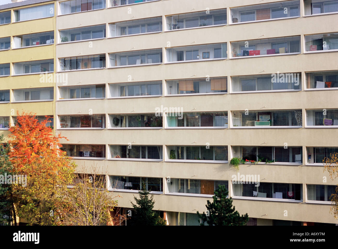 Detail of facade of prefabricated housing built in the 1960s where many ...
