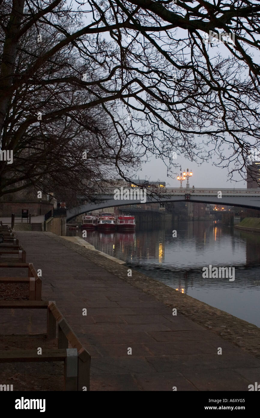 Lendal Bridge at dusk with lights reflecting in River Ouse York North ...
