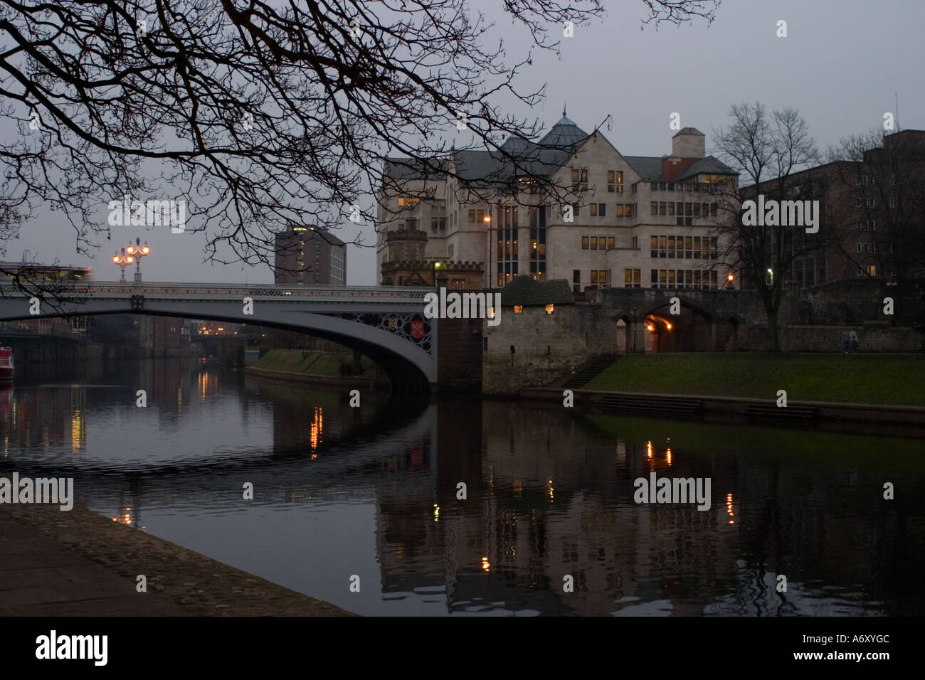 Lendal Bridge at dusk with lights reflecting in River Ouse York North ...