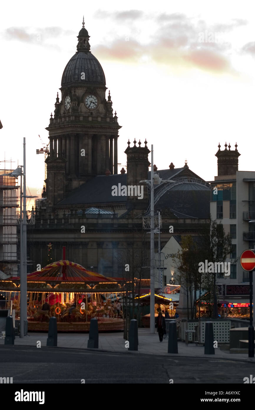 Leeds Town Hall and Millennium Square with Continental Fair Stock Photo ...