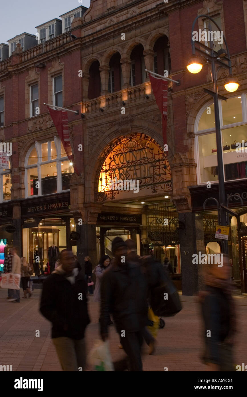 Evening view of entrance to Thorntons Arcade Briggate Leeds around ...