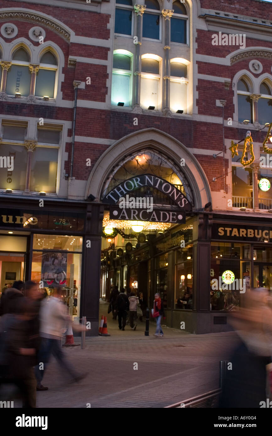 Evening view of entrance to Thorntons Arcade Briggate Leeds around ...