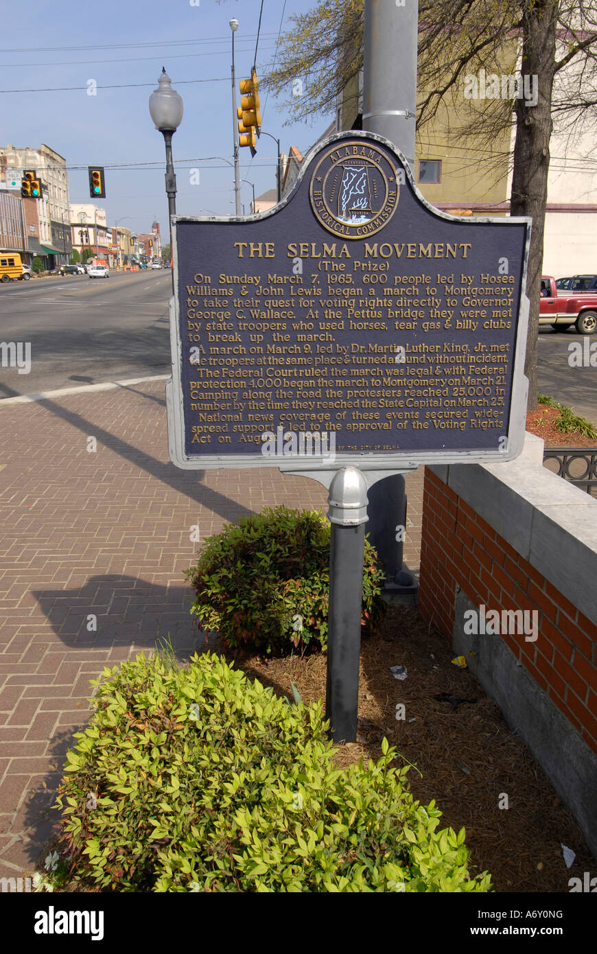 View of downtown street from Edmund Pettus Bridge in historic Selma ...