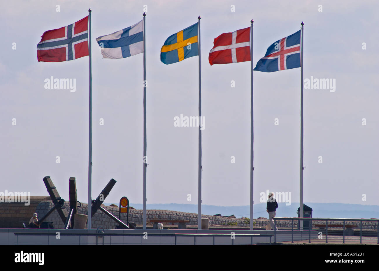 The Pier' on Parapeten in the harbour. The flags of Norway, Finland ...