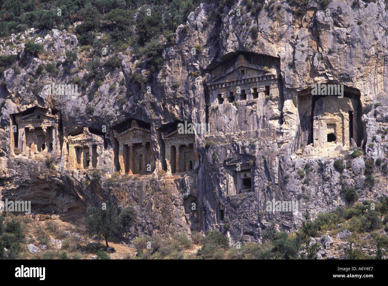 Turkey, Southwest, near Dalyan. Lycian tombs carved into inaccessible ...