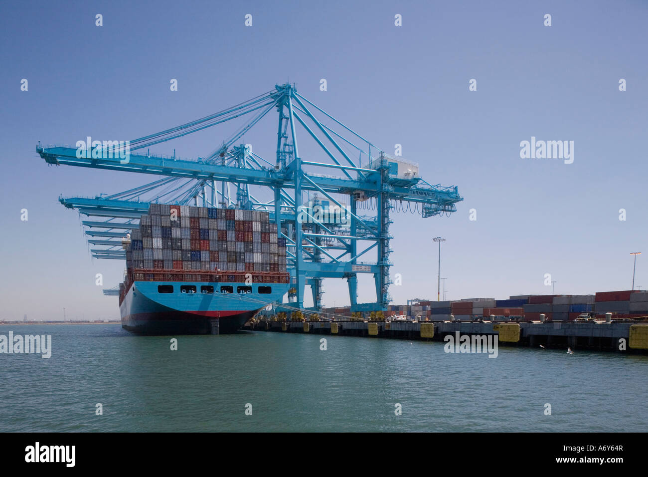 Container ship below cranes at a commercial dock Stock Photo - Alamy