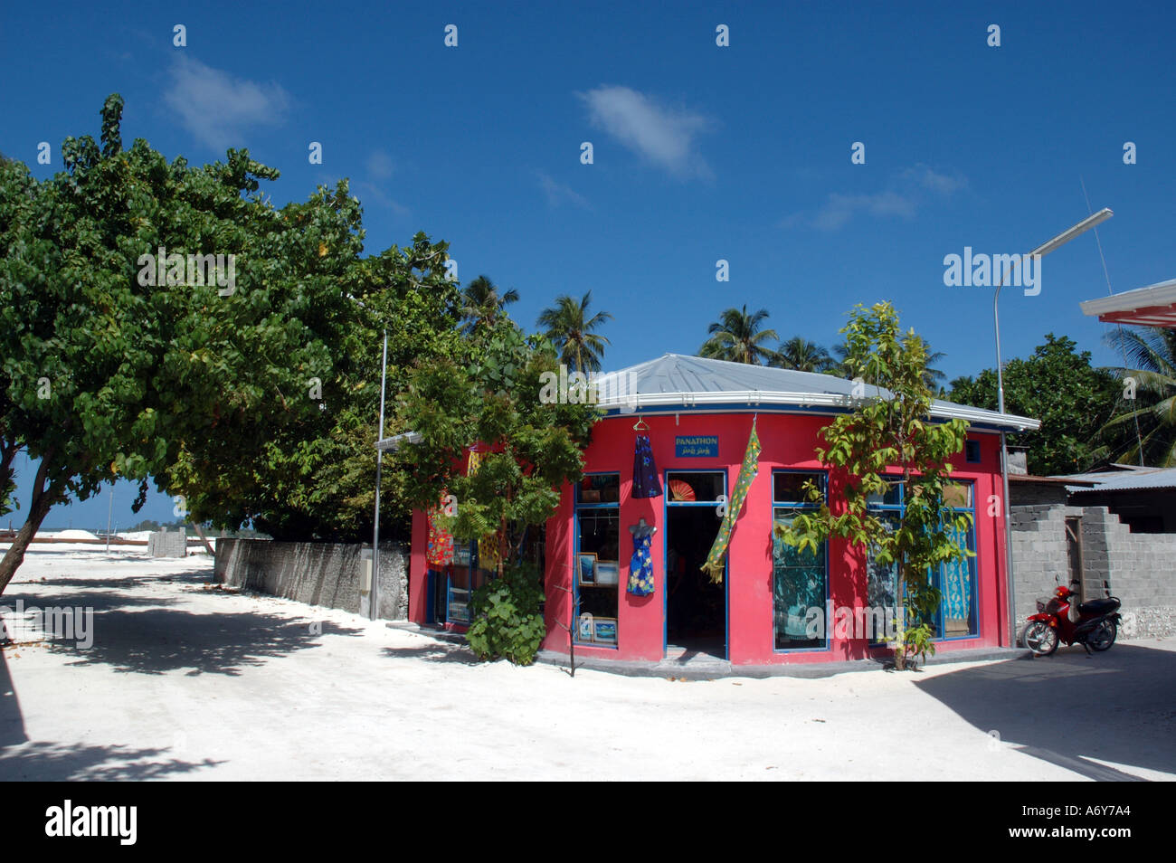 Brightly coloured typical shop in shopping street on Dhidoo island Ari ...