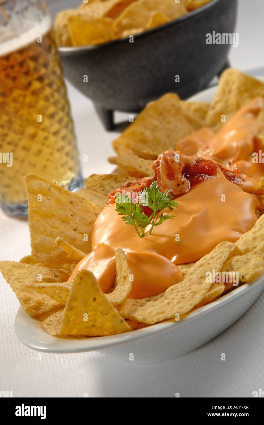 Totopos tortilla chips with two sauces Stock Photo - Alamy