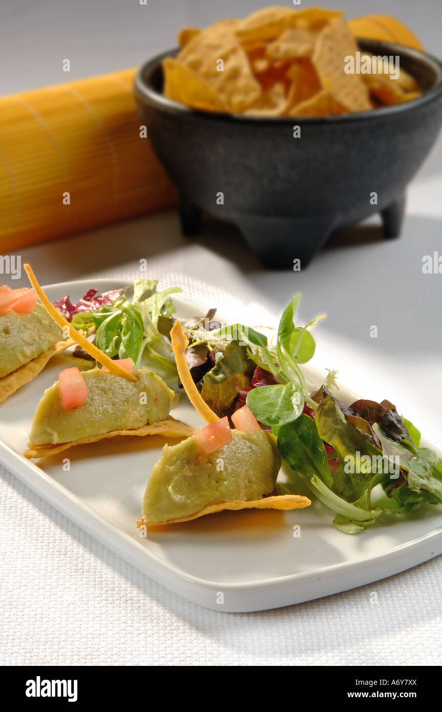 Totopos tortilla chips with guacamole avocado sauce Stock Photo - Alamy