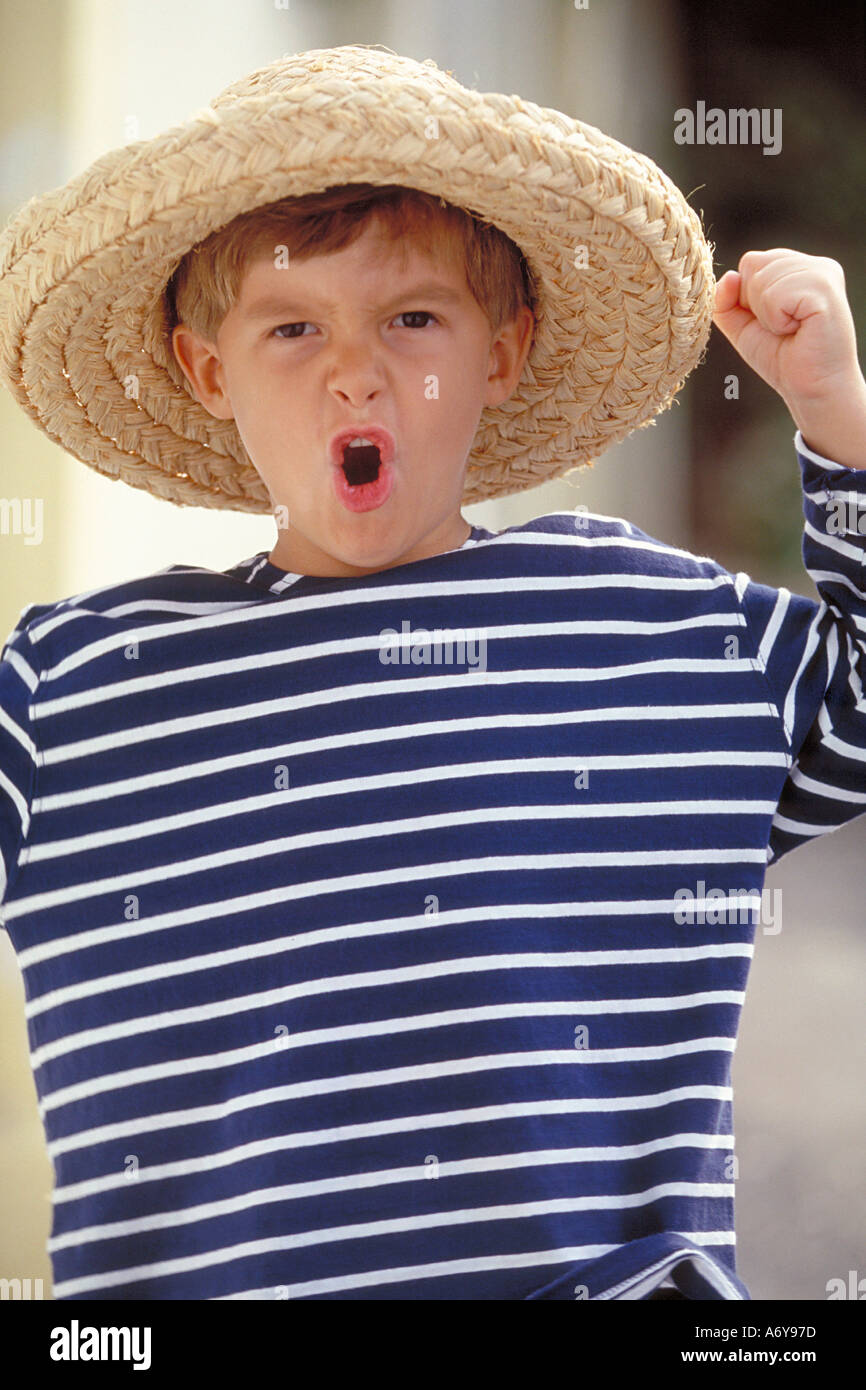 portrait of squalling boy with straw hat Stock Photo - Alamy