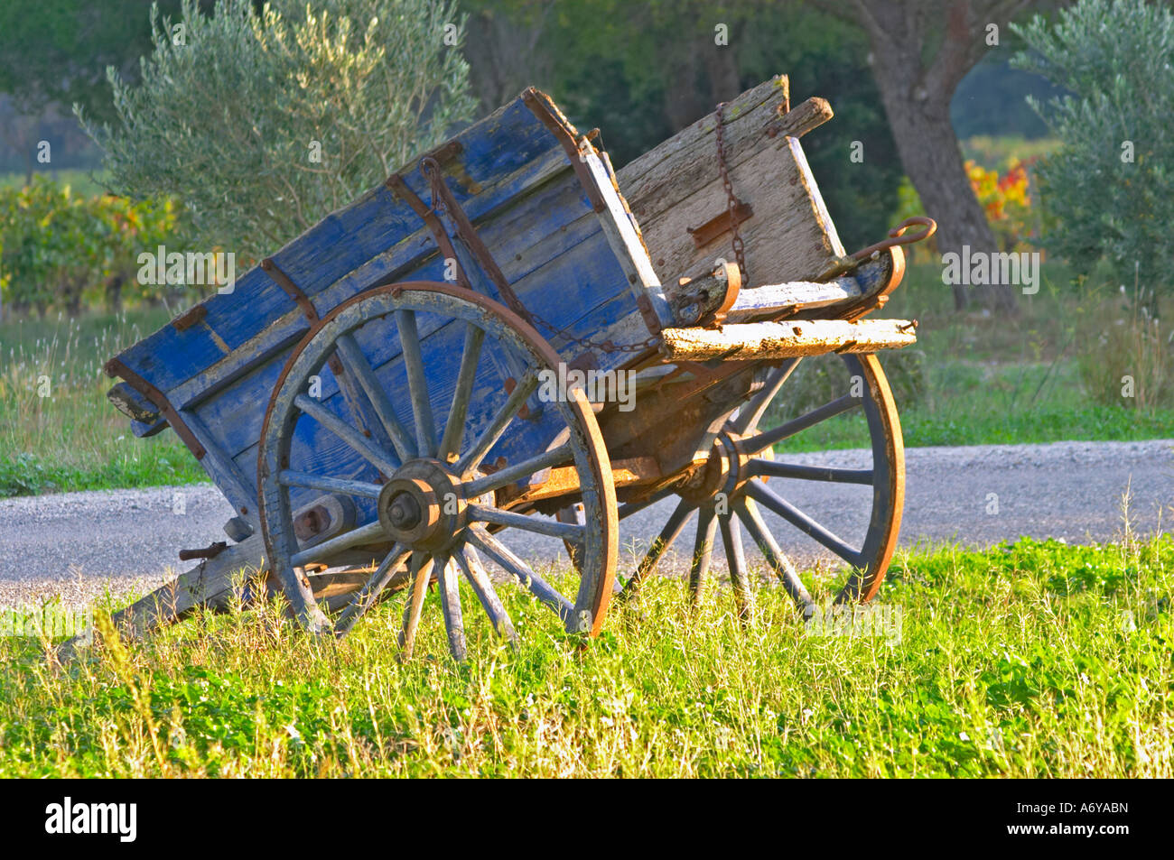 Chateau Mire l'Etang. La Clape. Languedoc. An old wooden farm cart ...