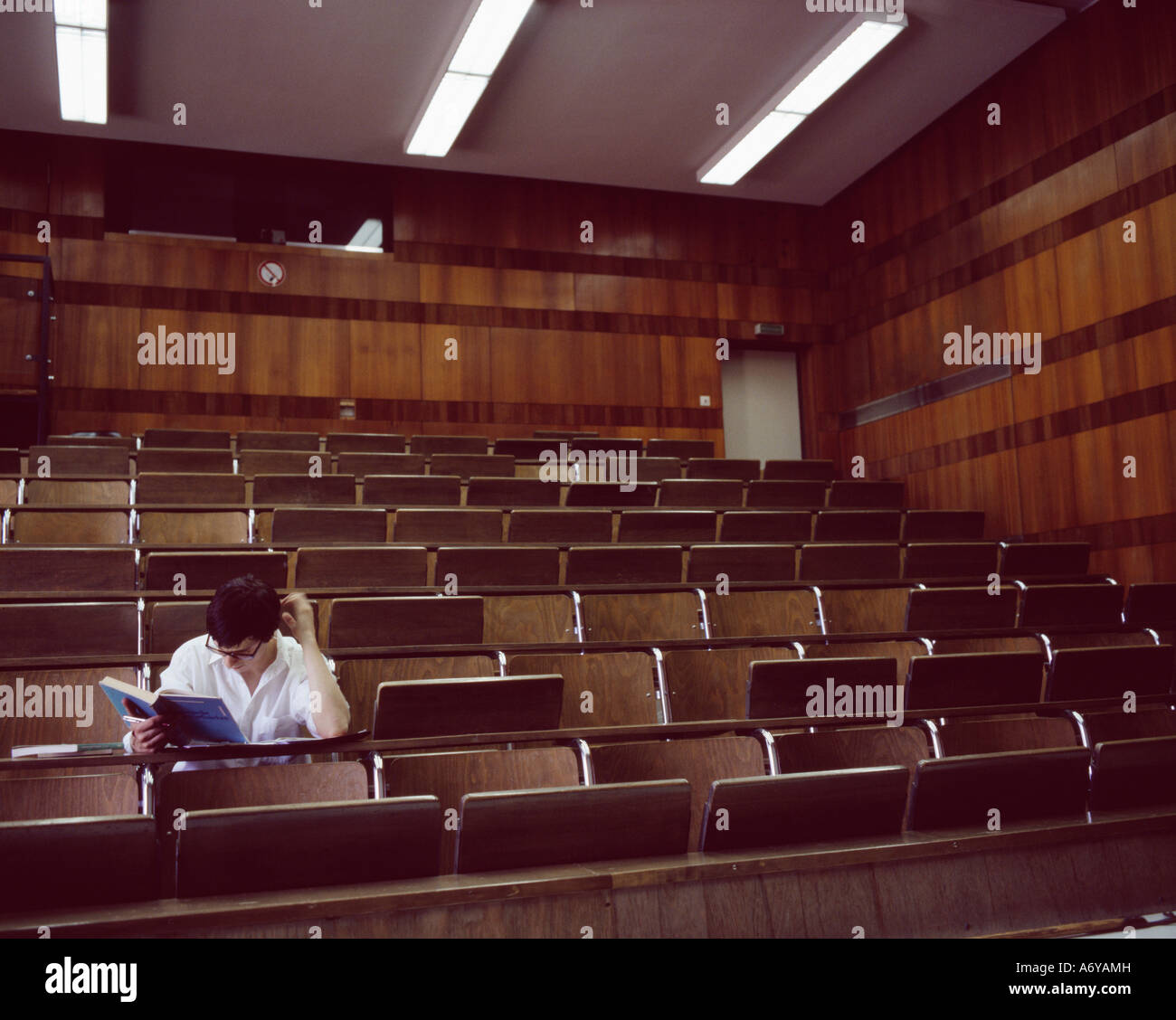 University student sitting in an empty lecture hall reading a text book ...