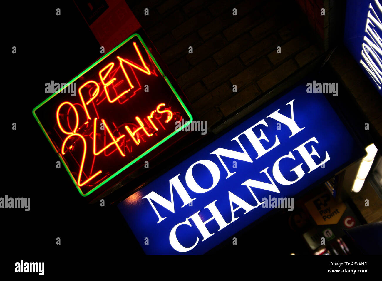 Open and Money Change Neon Sign Stock Photo - Alamy
