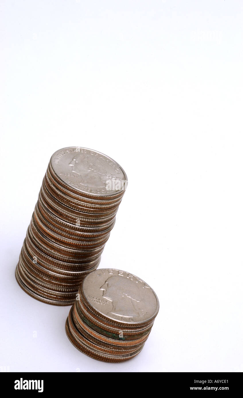 Vertical color image of a stack of quarters on a white background Stock ...