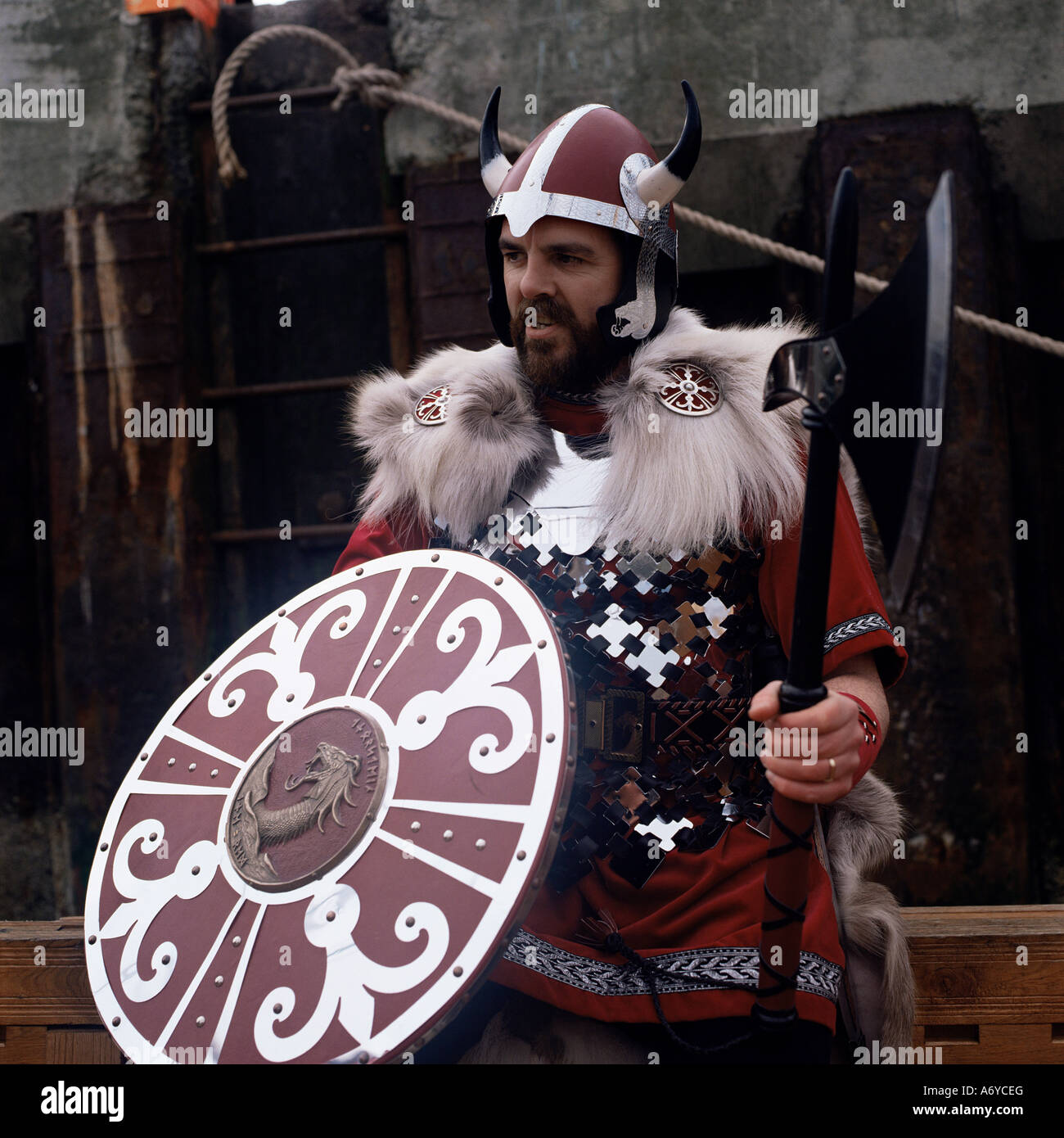 Man in costume Viking Gothic revival Shetlands Scotland United Kingdom ...