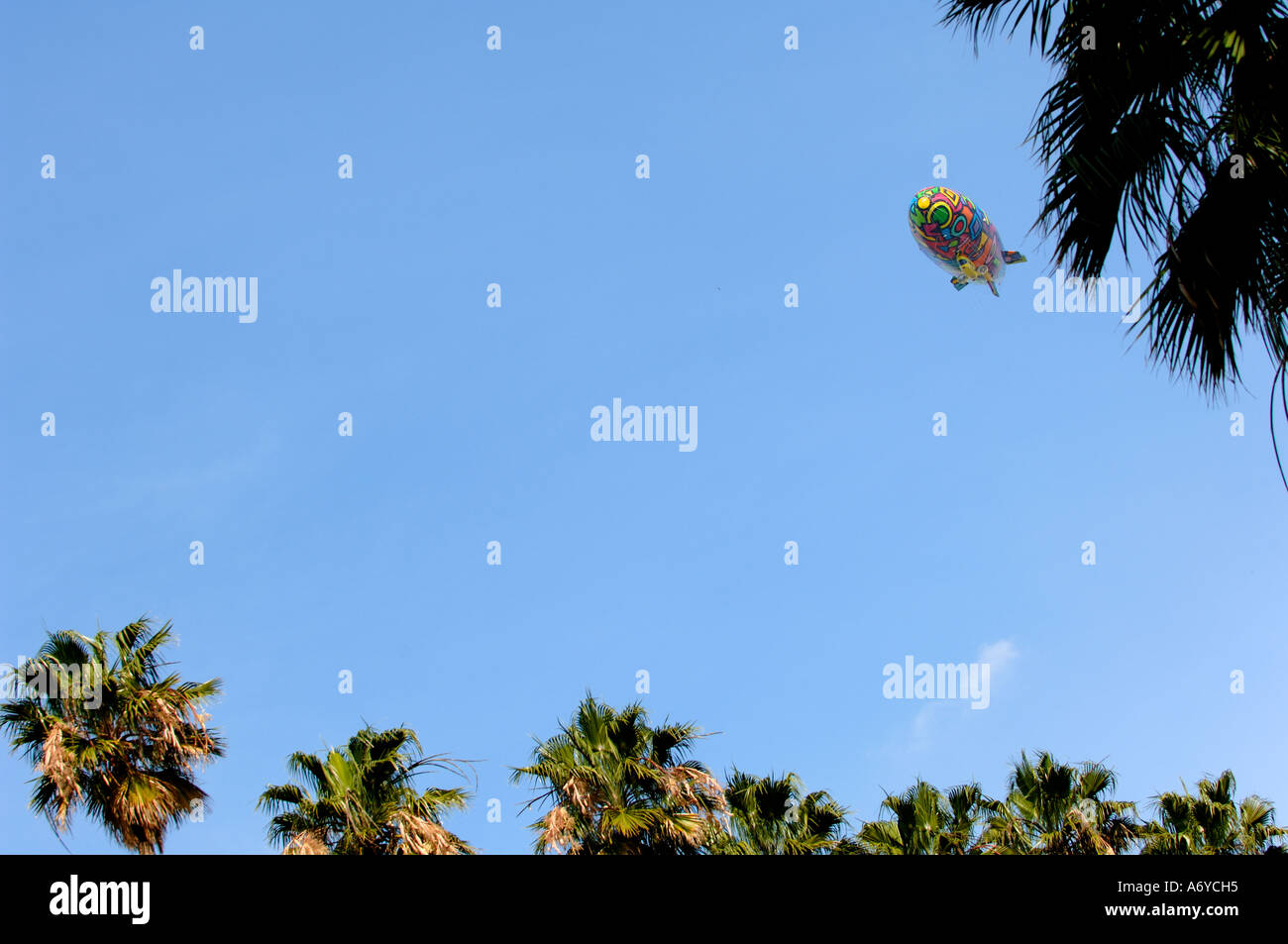 Colorful blimp flying over Hollywood Boulevard, Hollywood California ...