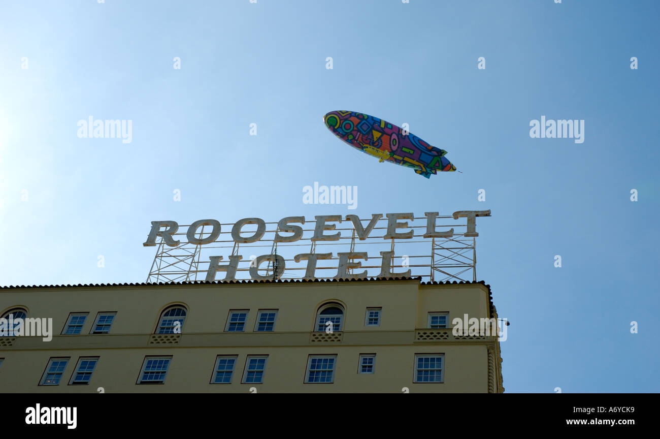 Colorful blimp flying over the Roosevelt Hotel in Hollywood California ...