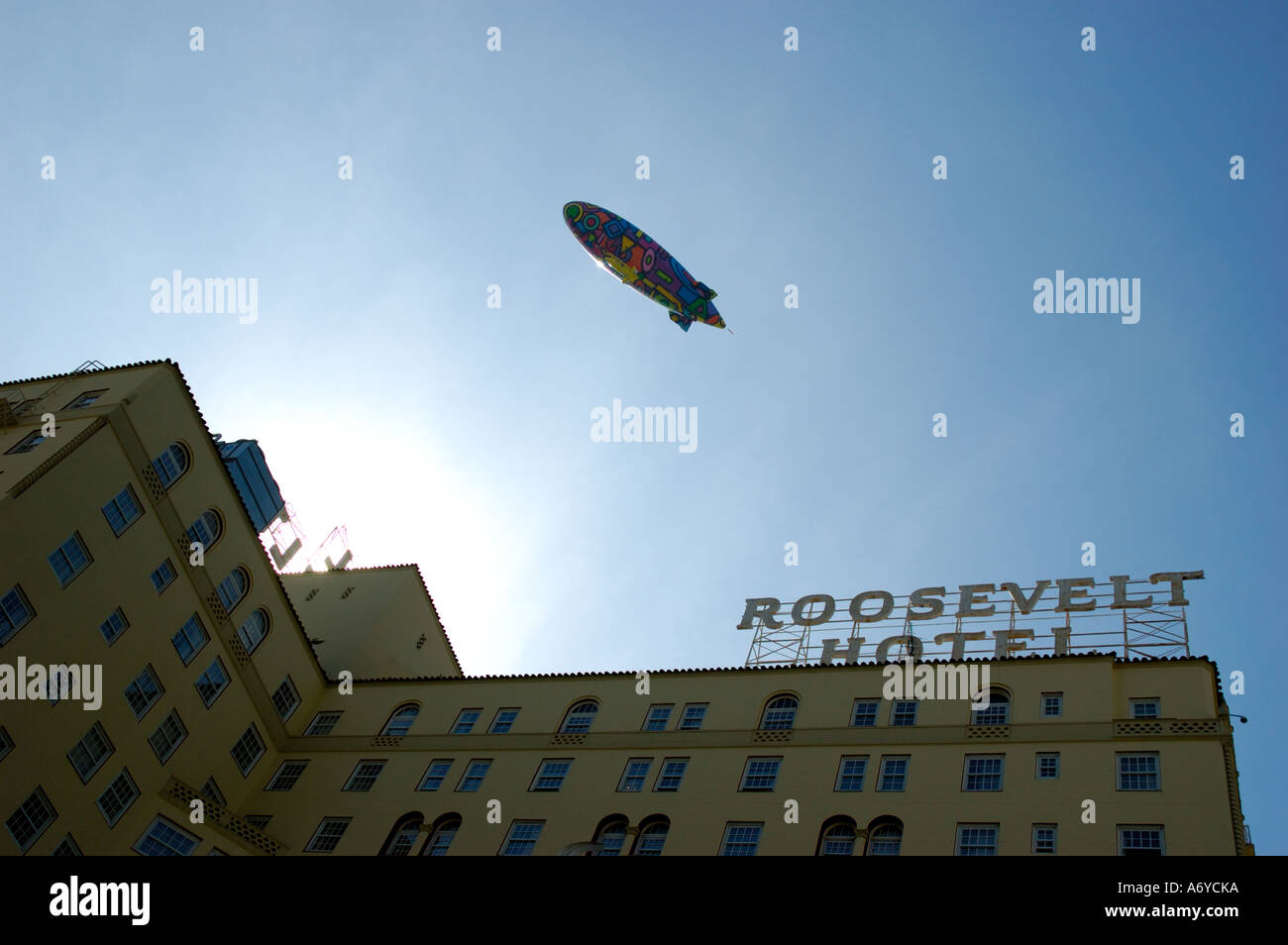 Colorful blimp flying over the Roosevelt Hotel in Hollywood California ...