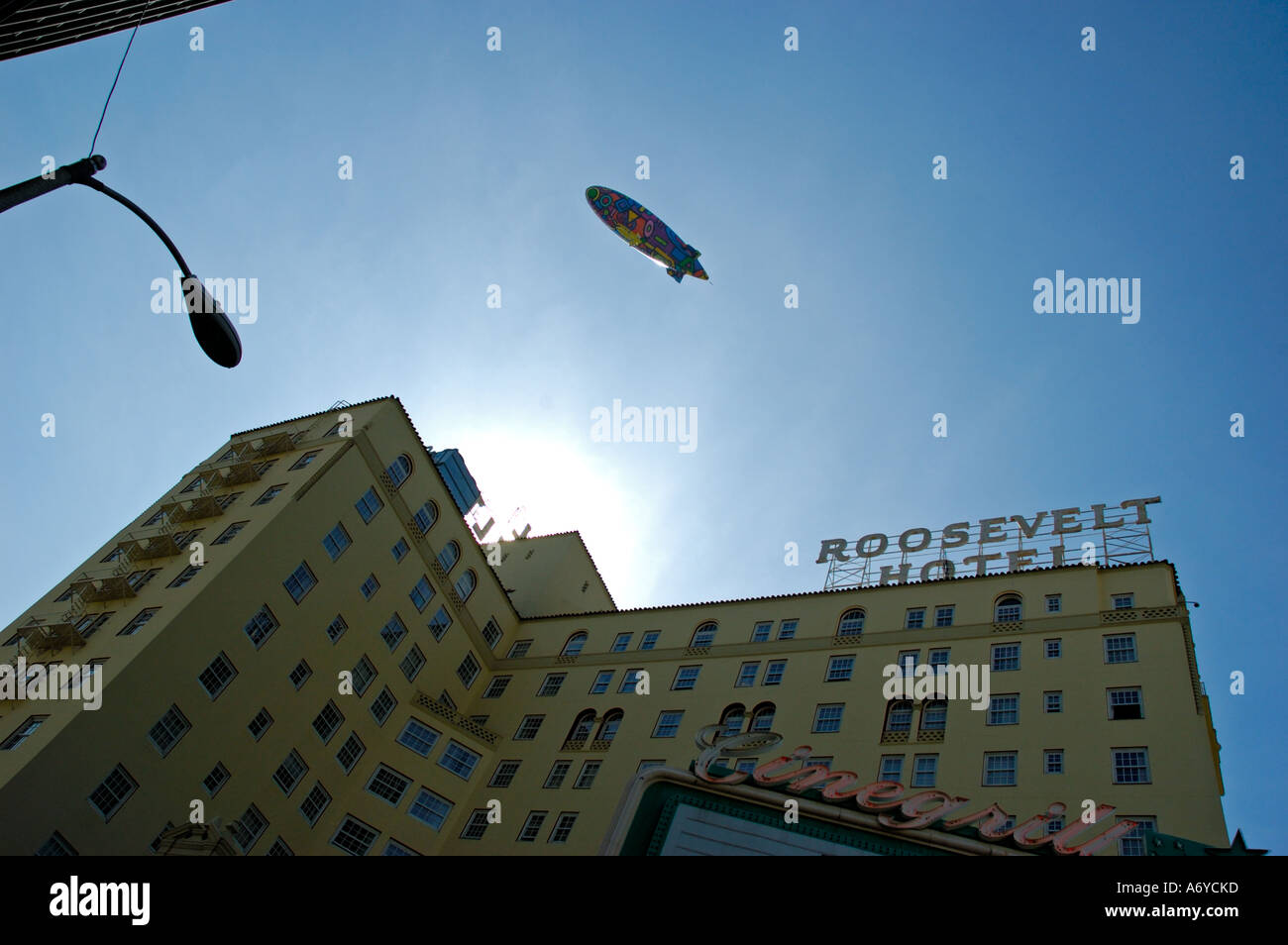 Colorful blimp flying over the Roosevelt Hotel in Hollywood California ...