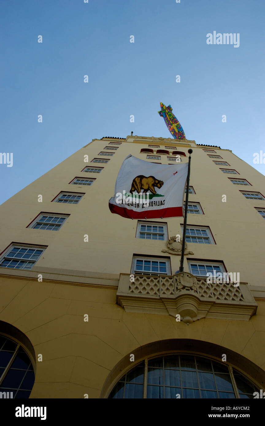 Colorful blimp flying over the Roosevelt Hotel in Hollywood California ...