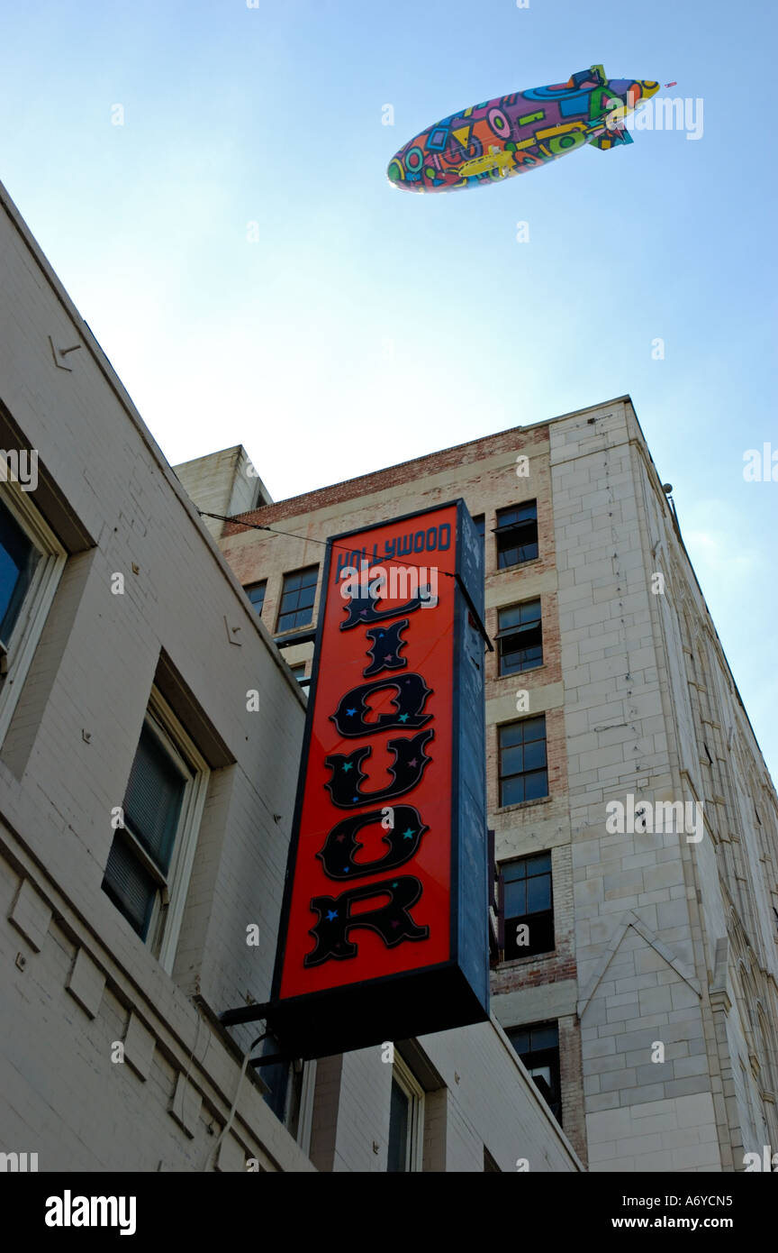 Colorful blimp flying over Hollywood Boulevard, Hollywood California ...