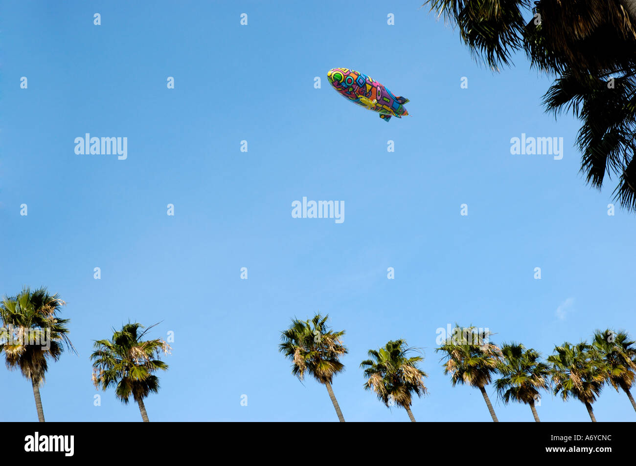 Colorful blimp flying over Hollywood Boulevard, Hollywood California ...