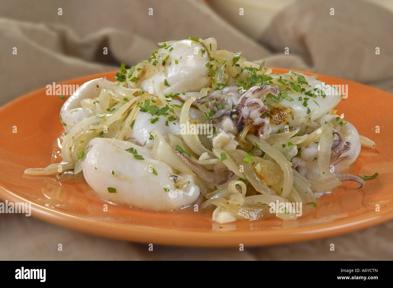 Baby squid cooked with onions Stock Photo - Alamy