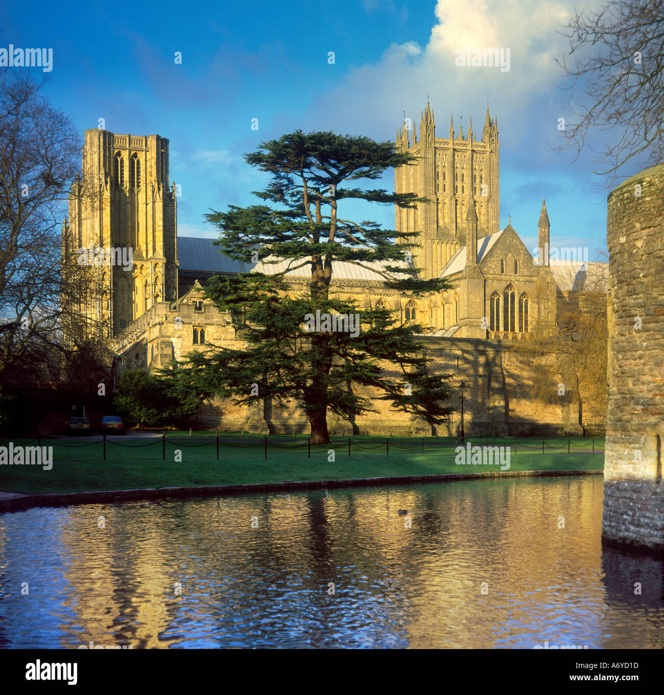 Wells Cathedral and Bishops Palace moat, Wells, Somerset, England Stock ...