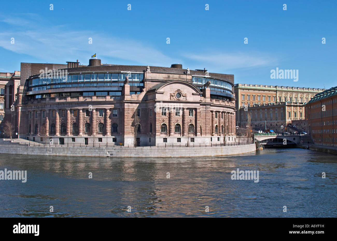 View over Strommen. The Riksdagshuset, the Swedish parliament building. Stockholms Ström water ...