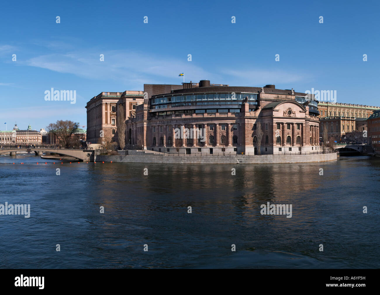 View over Strommen. The Riksdagshuset, the Swedish parliament building. Stockholms Ström water ...