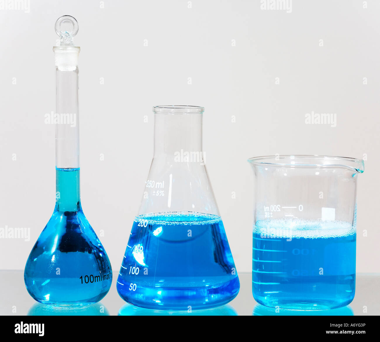 Blue solution in assorted laboratory glassware Stock Photo - Alamy