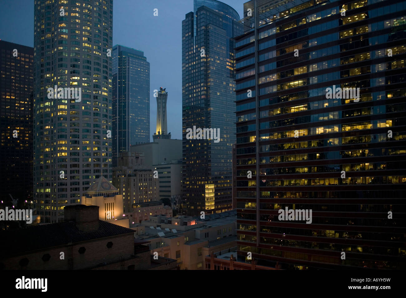 Illuminated skyscrapers in the downtown district at night Los Angeles ...