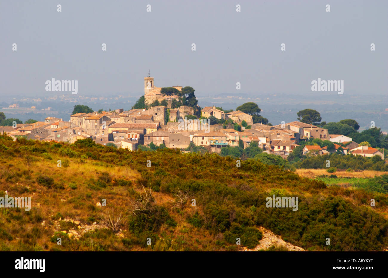 The village with the church in the middle. St Pargoire. Languedoc ...