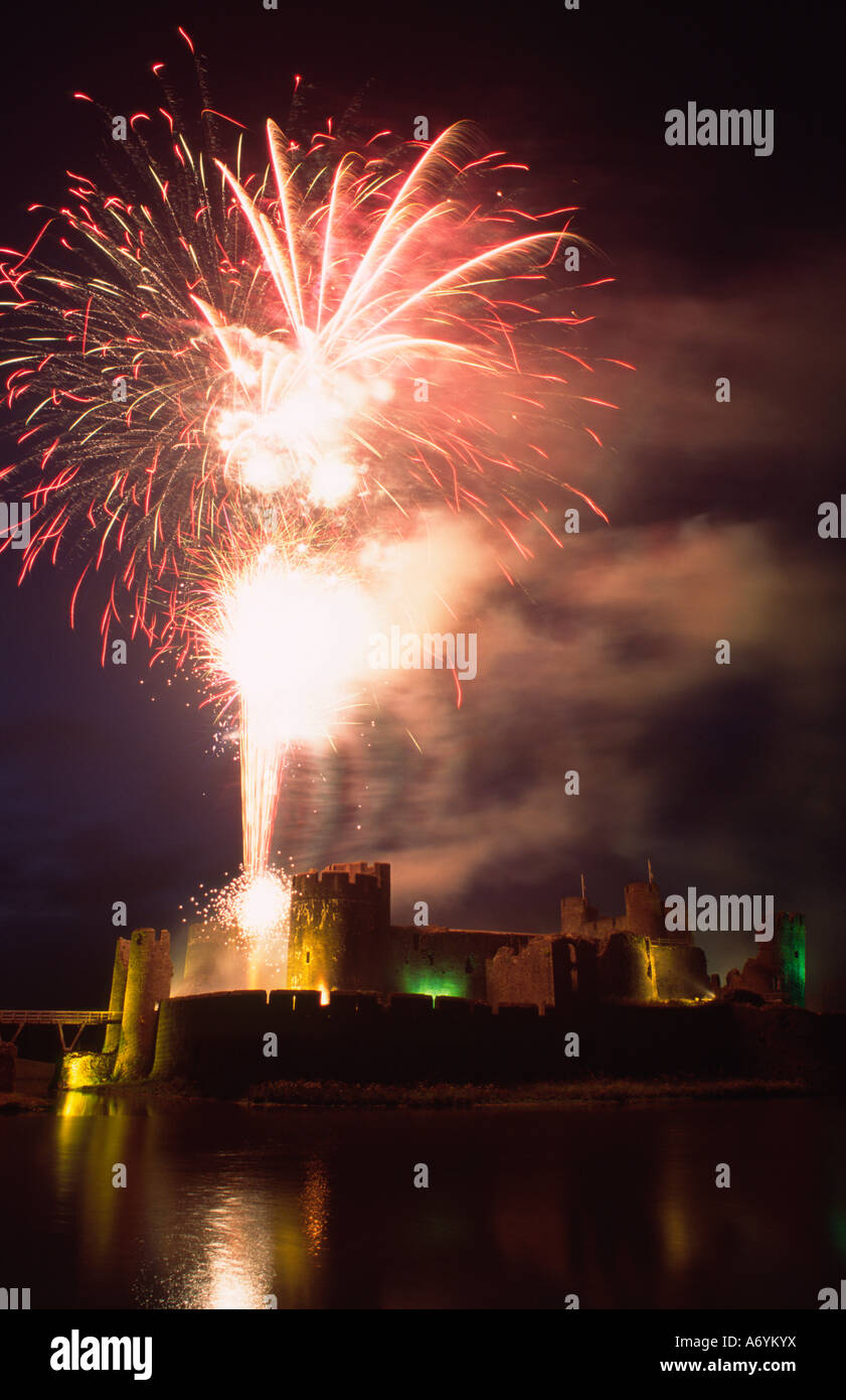 Firework on Caerphilly castle, Wales Stock Photo - Alamy