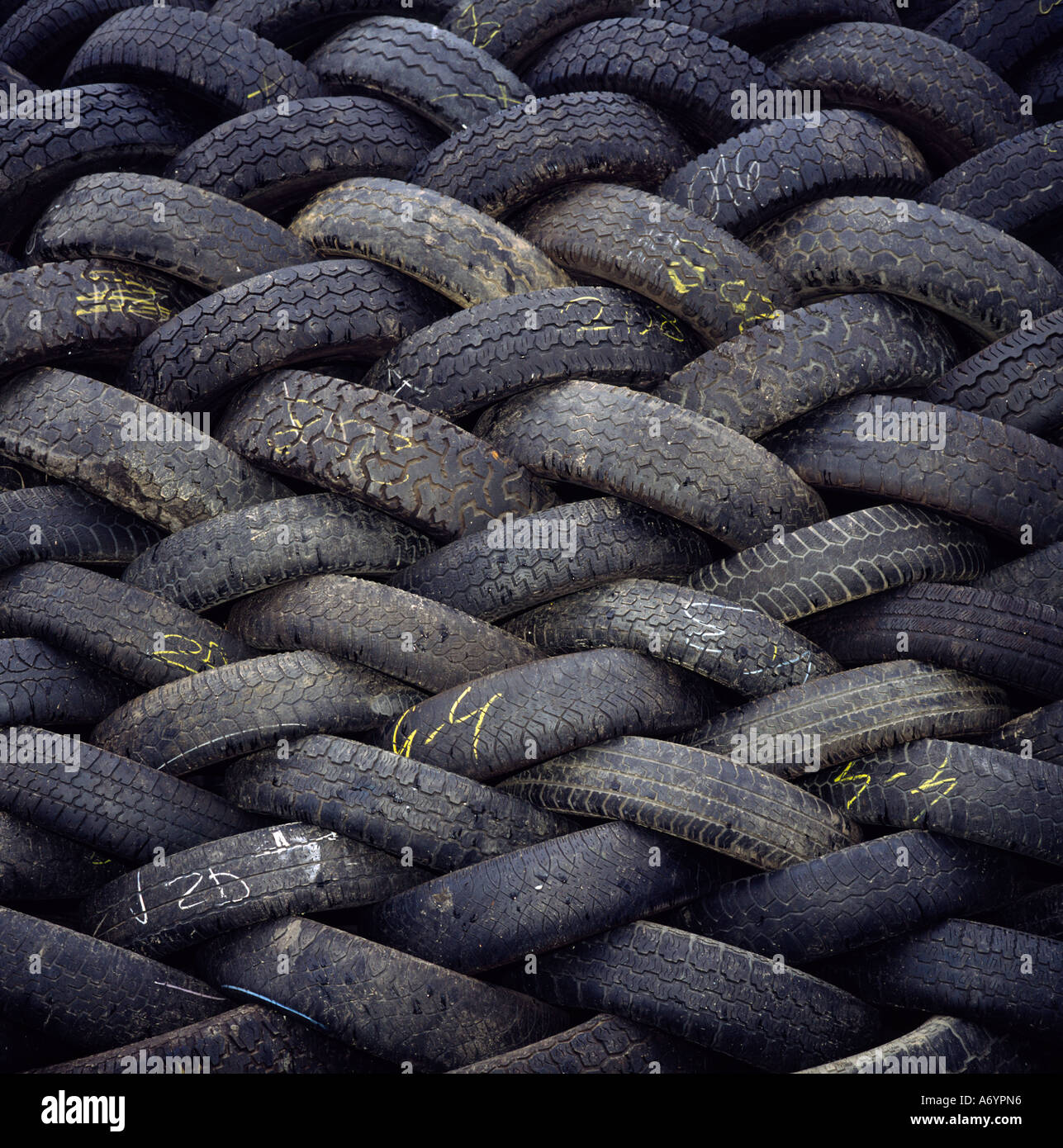 collected used tyres tires for recycling Stock Photo - Alamy