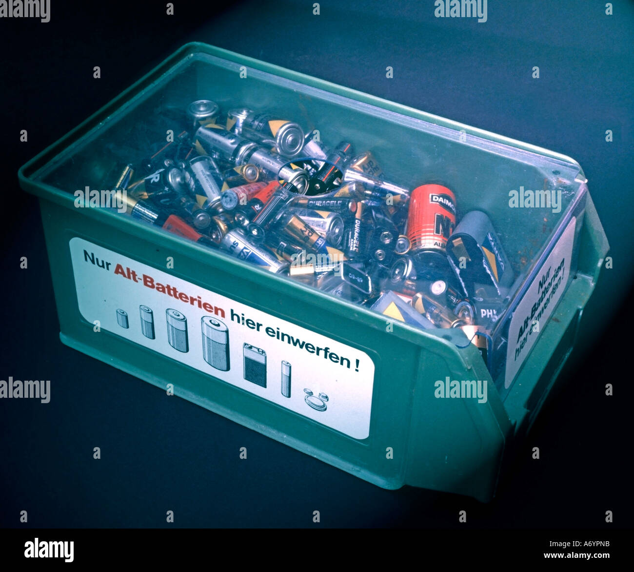 full collecting box for used battery batteries Stock Photo - Alamy