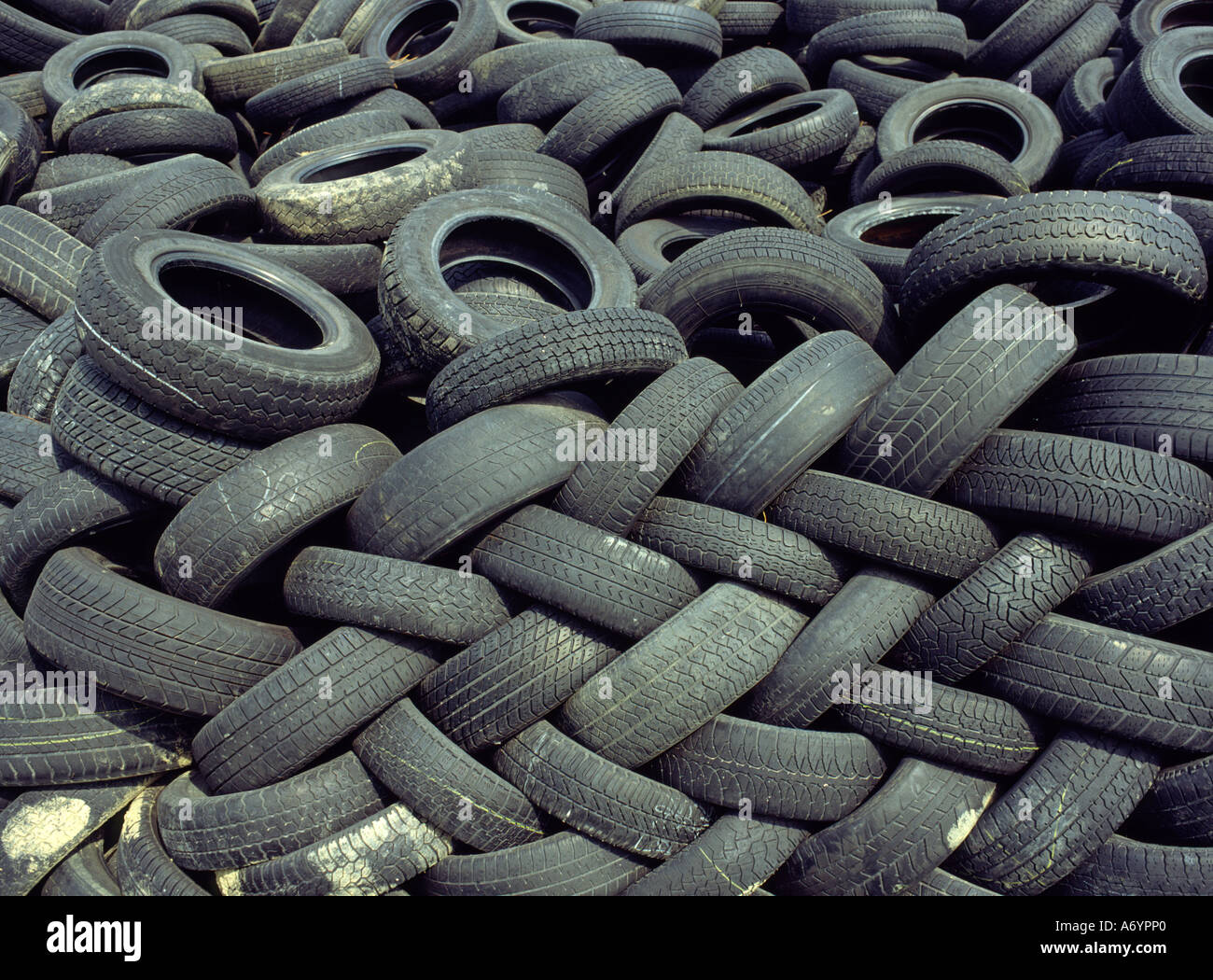collected used tyres tires for recycling Stock Photo - Alamy