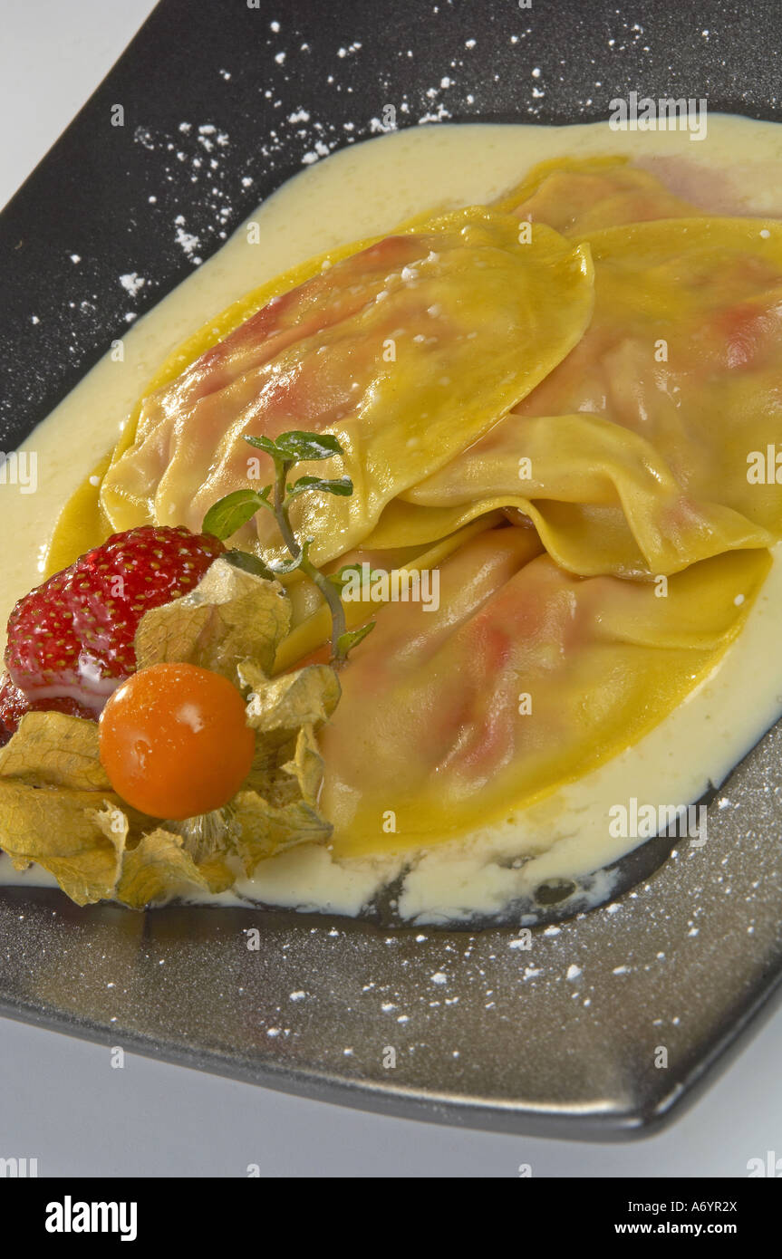 Strawberry ravioli with custard cream Stock Photo - Alamy