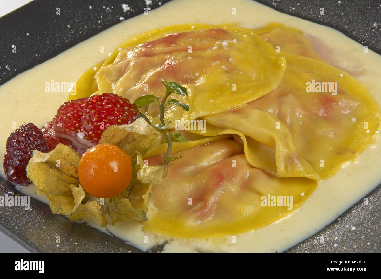 Strawberry ravioli with custard cream Stock Photo - Alamy