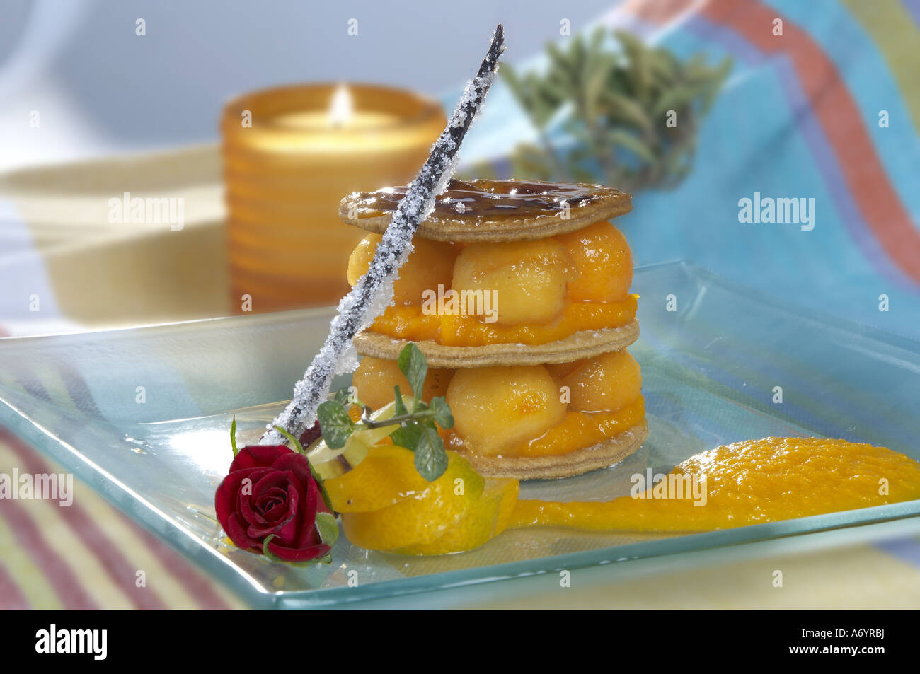 Millefeuille shortcrust pastry stuffed with kaki persimon with carrot ...