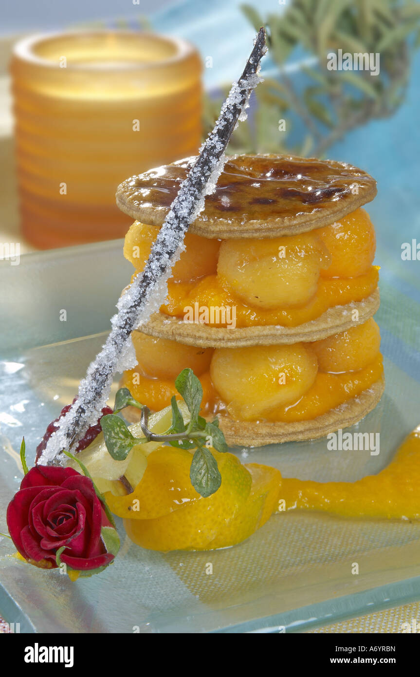Millefeuille shortcrust pastry stuffed with kaki persimon with carrot ...