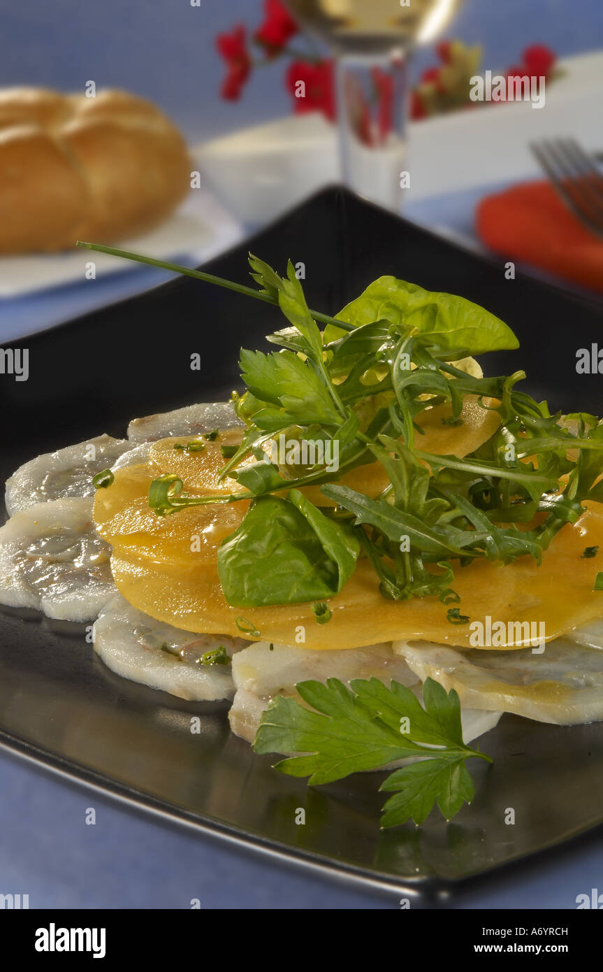 Cod and prawn carpaccio with kaki persimon honey and curry vinaigrette ...