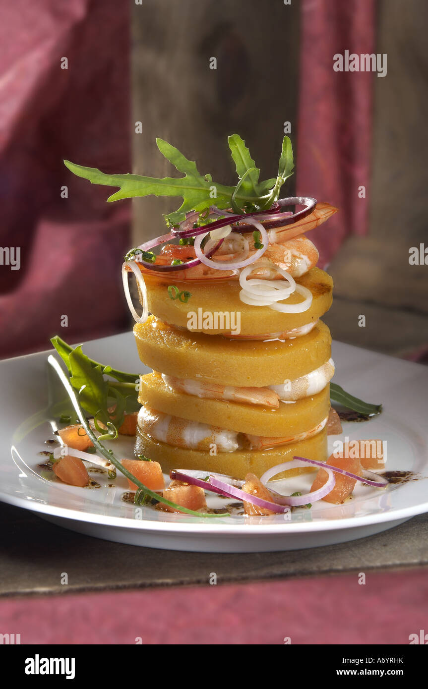 Shrimp millefeuille pastry with kaki persimon Stock Photo - Alamy
